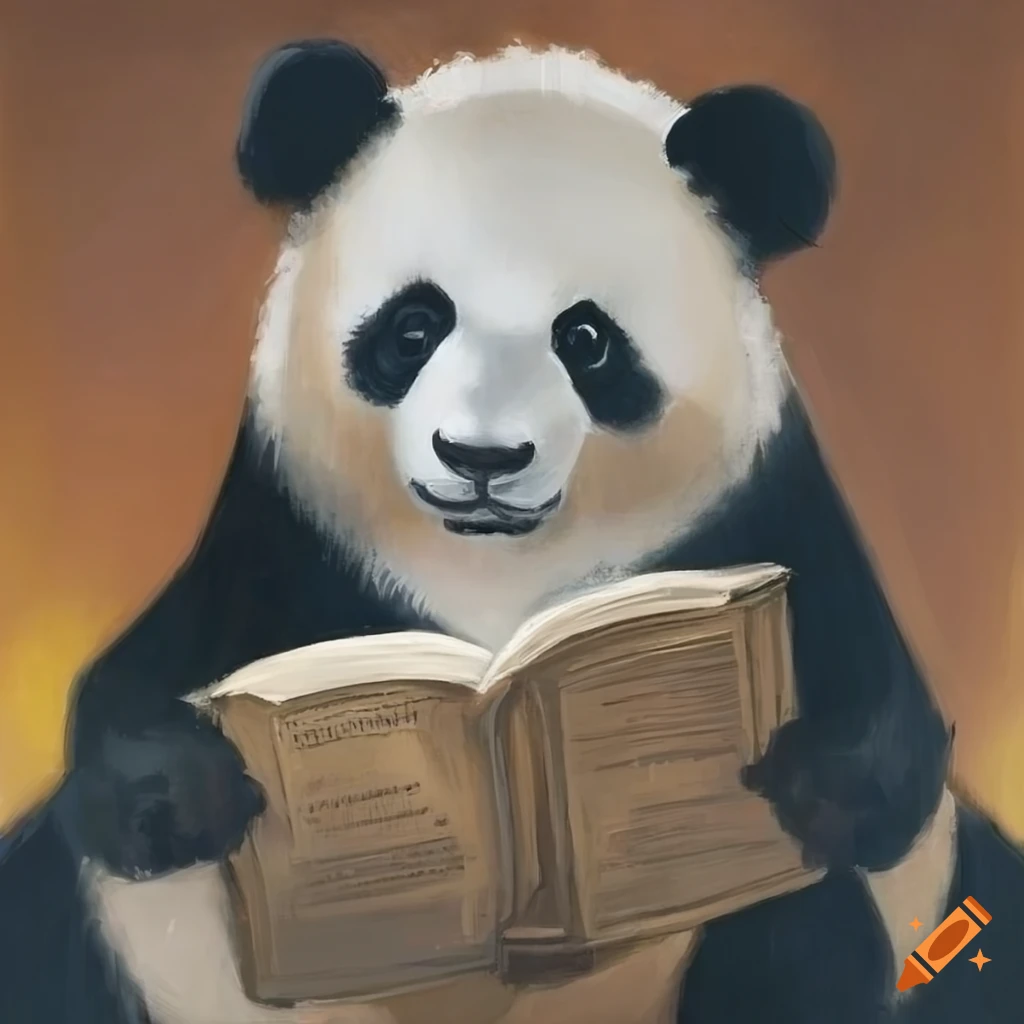 Panda reading an old book in a painting on Craiyon