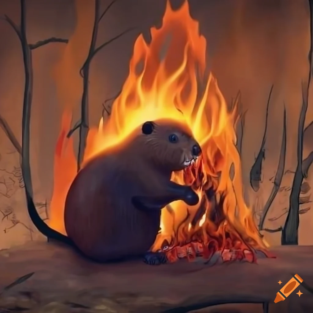 Fire-breathing beaver burning a tree in a unique fantasy style on Craiyon