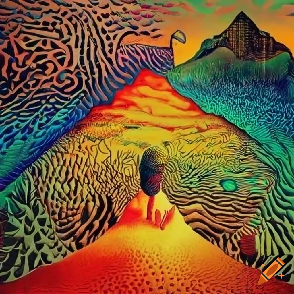 4k trippy mountain landscape with hawks in a surrealistic sci-fi style ...