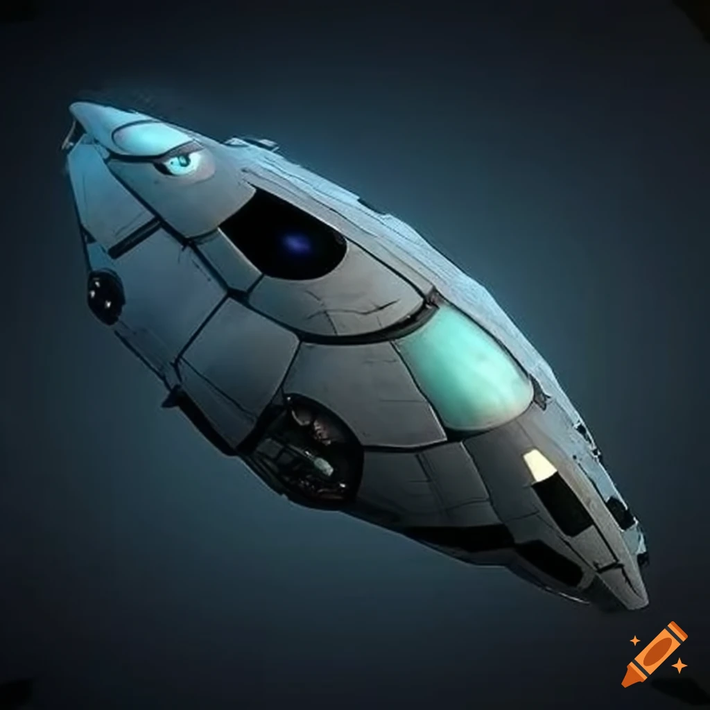 Futuristic military starship with flattened teardrop shape on Craiyon
