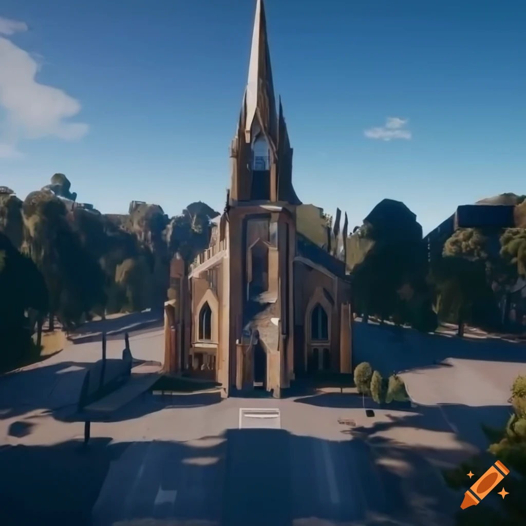 Unreal Engine 5 aerial view of a sci-fi Australian town square with ...
