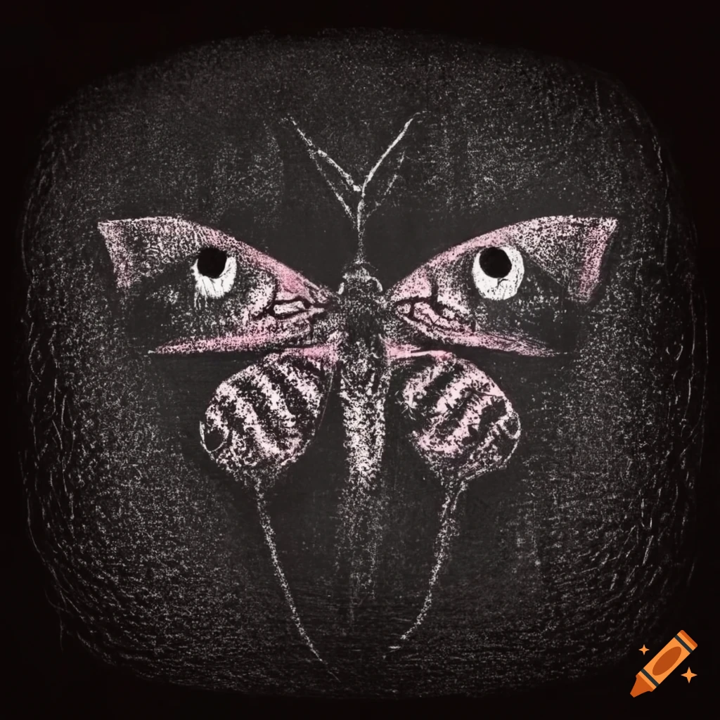 Sinister eye motif with sharp moths in chalk against a black background ...