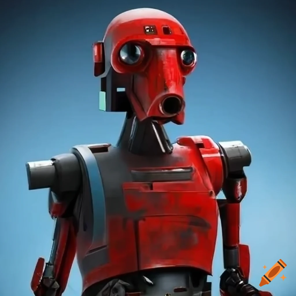 Red and blue humanoid Tactical droid inspired by Star Wars on Craiyon