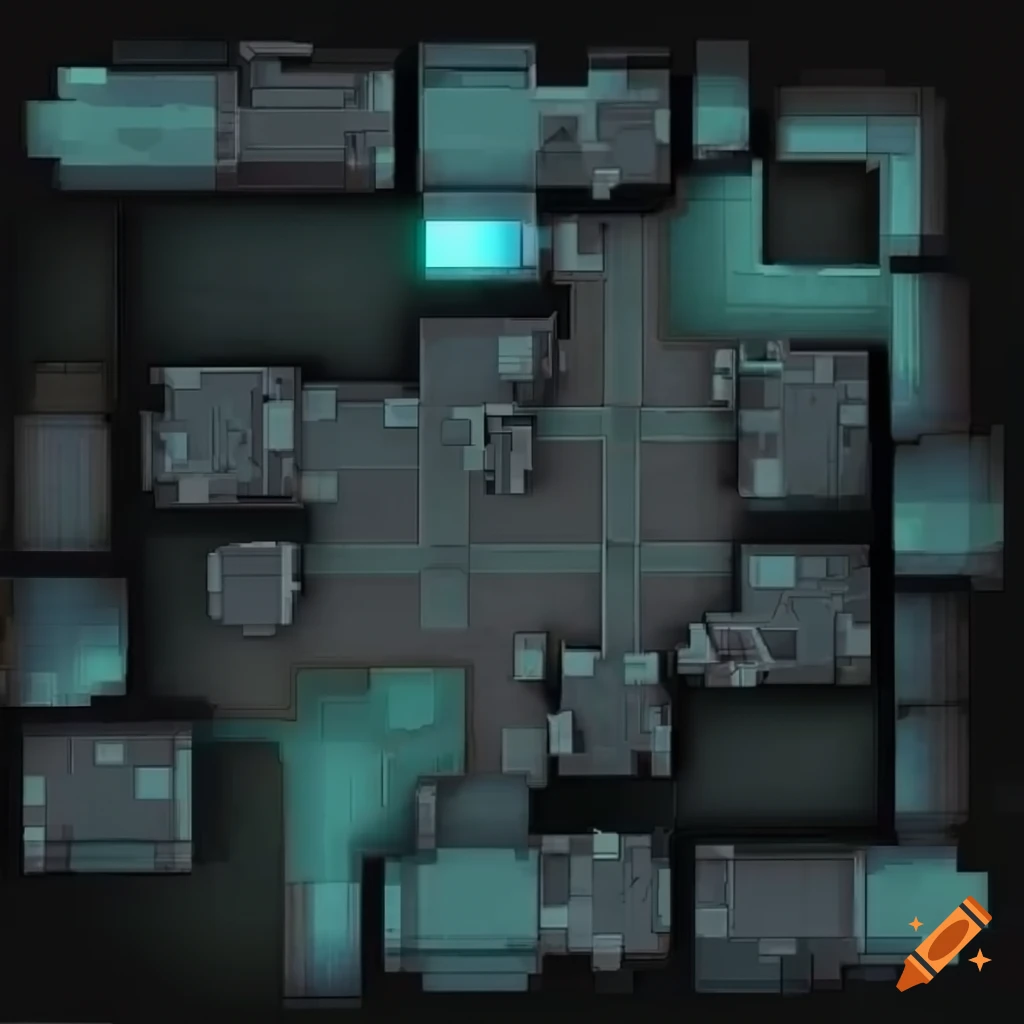 Top-down map design for an fps game with white outlined buildings and ...
