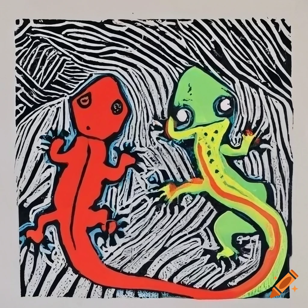 Colorful gecko lino print composition on Craiyon
