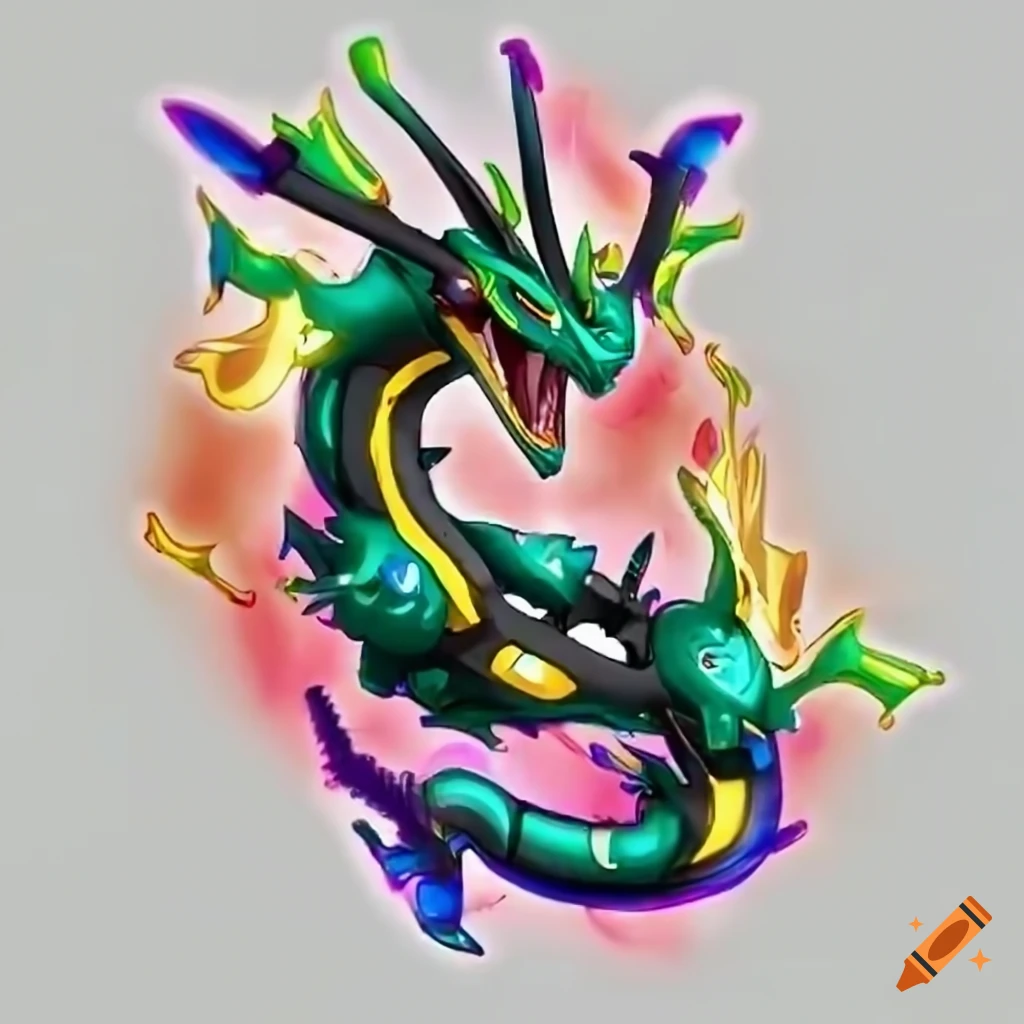 Rayquaza with rainbow colors and thunder elements in a fusion design on ...