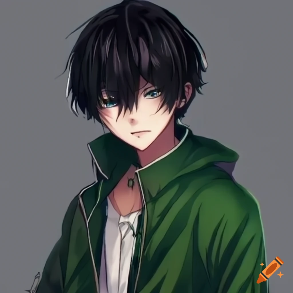 Anime character with black hair in a green jacket on Craiyon