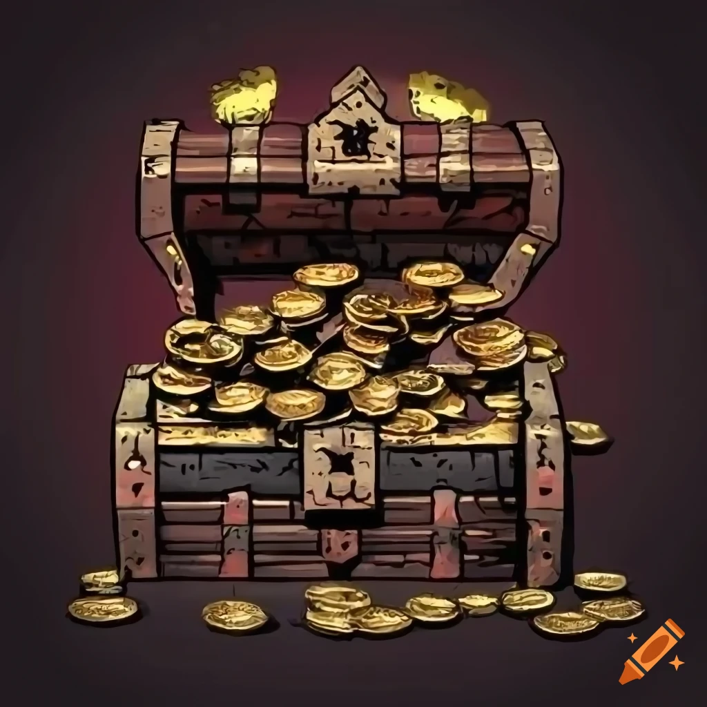 Darkest Dungeon style open treasure chest with artifacts in a lair of ...