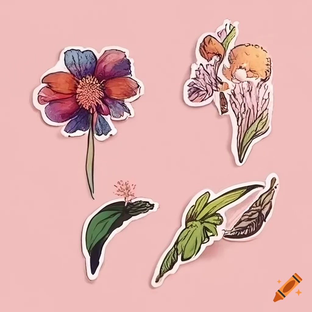 Wild flowers sticker set in quentin blake style on Craiyon