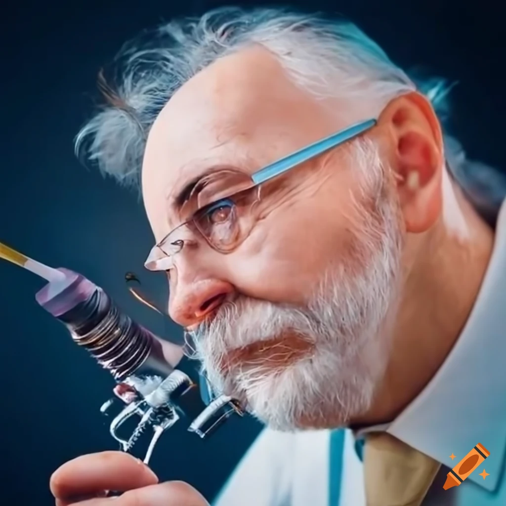 Curious older male scientist examining specimen under microscope on Craiyon