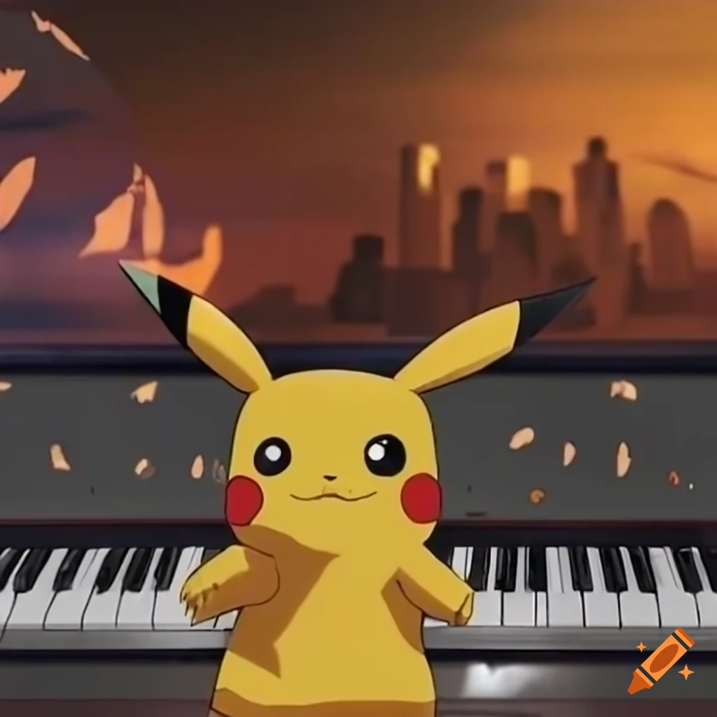 Pikachu playing piano in the foreground, world globe in the background ...