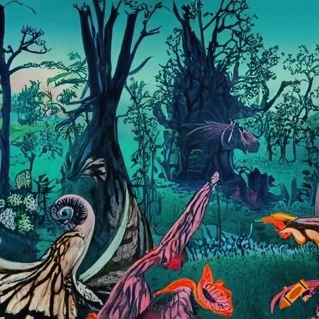 William Stout serigraph depicting a dystopian Garden of Eden overrun by ...