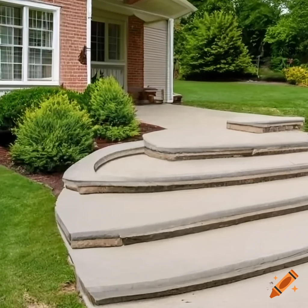 Front yard with curved staggered concrete steps leading to porch on Craiyon