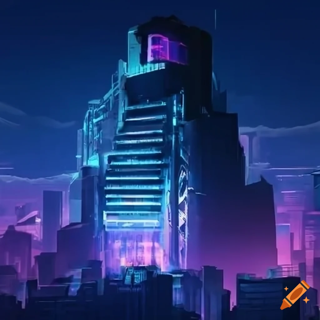 Futuristic high-tech cyberpunk corporation building on Craiyon