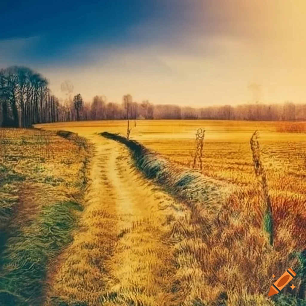 Detailed vintage drawing of a peaceful countryside field on Craiyon