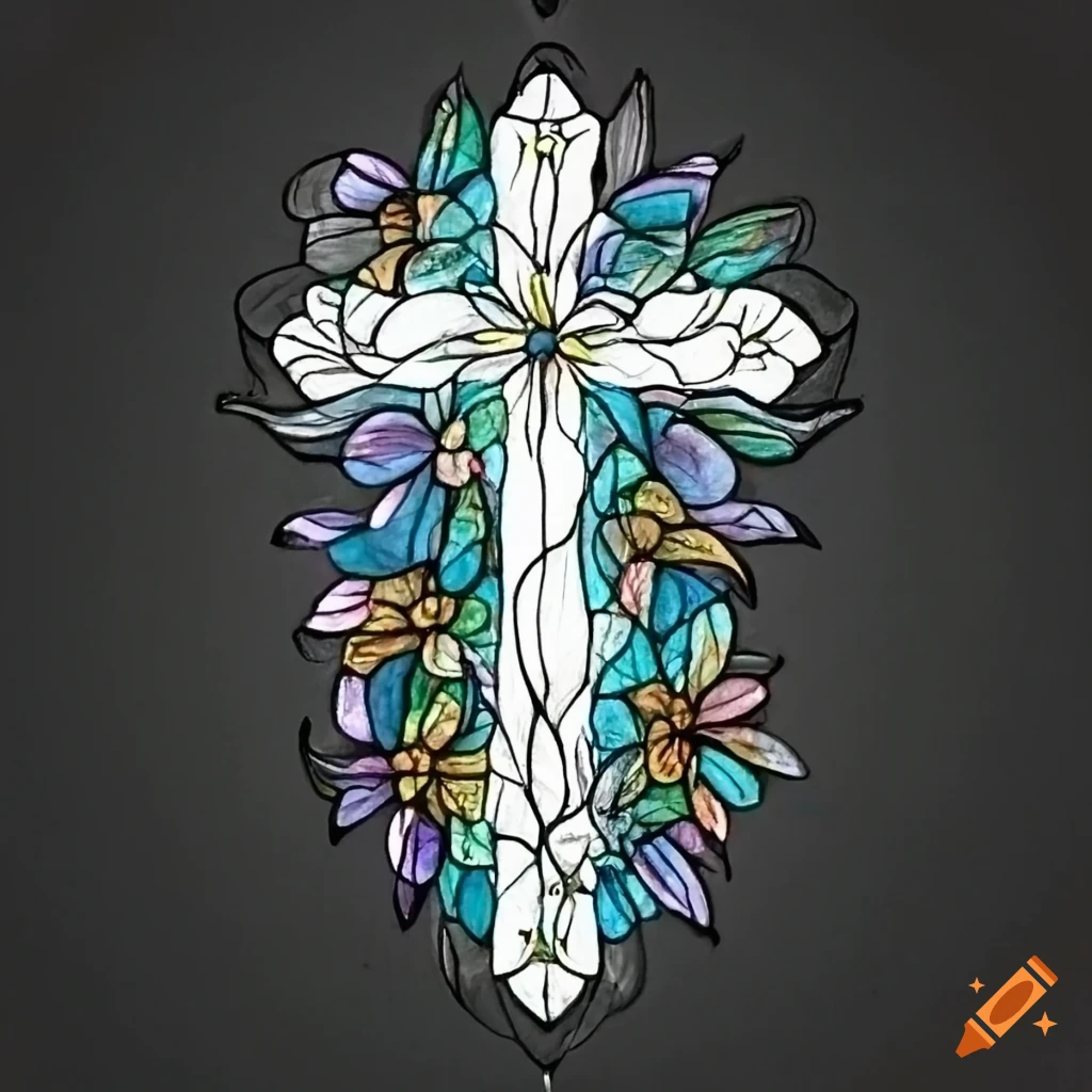 Colored pencil stained glass easter cross with flowers on Craiyon