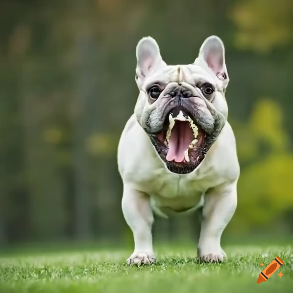 Aggressive french bulldog screaming in a park on Craiyon