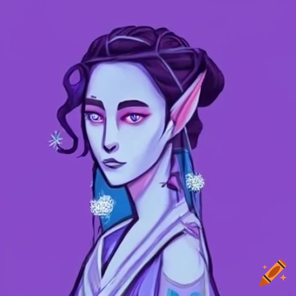 Detailed depiction of an elf-like alien with lavender, pink, and blue ...