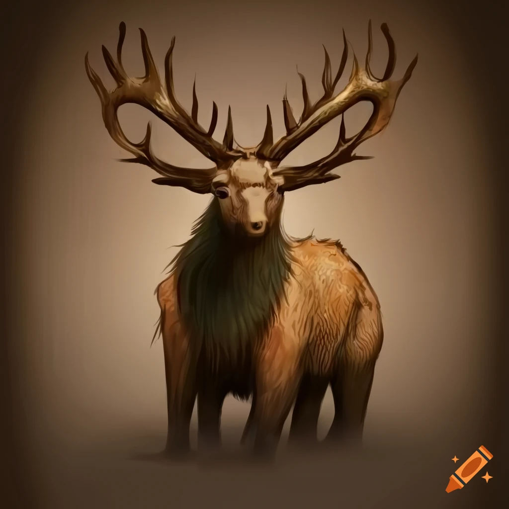 Mythical elk with golden unicorn horn and mossy pelt on Craiyon