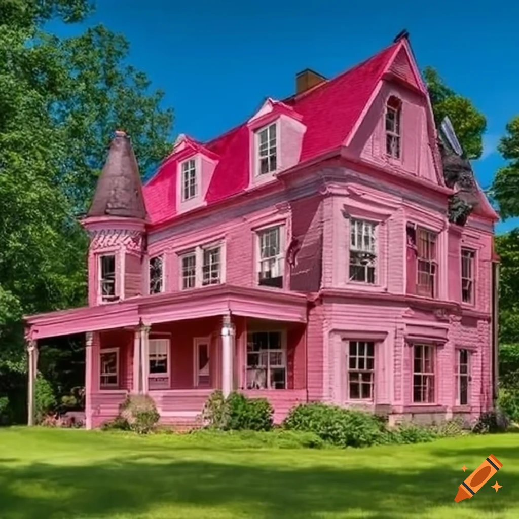 Two-story colonial house with a sloping third floor covered in pink ...