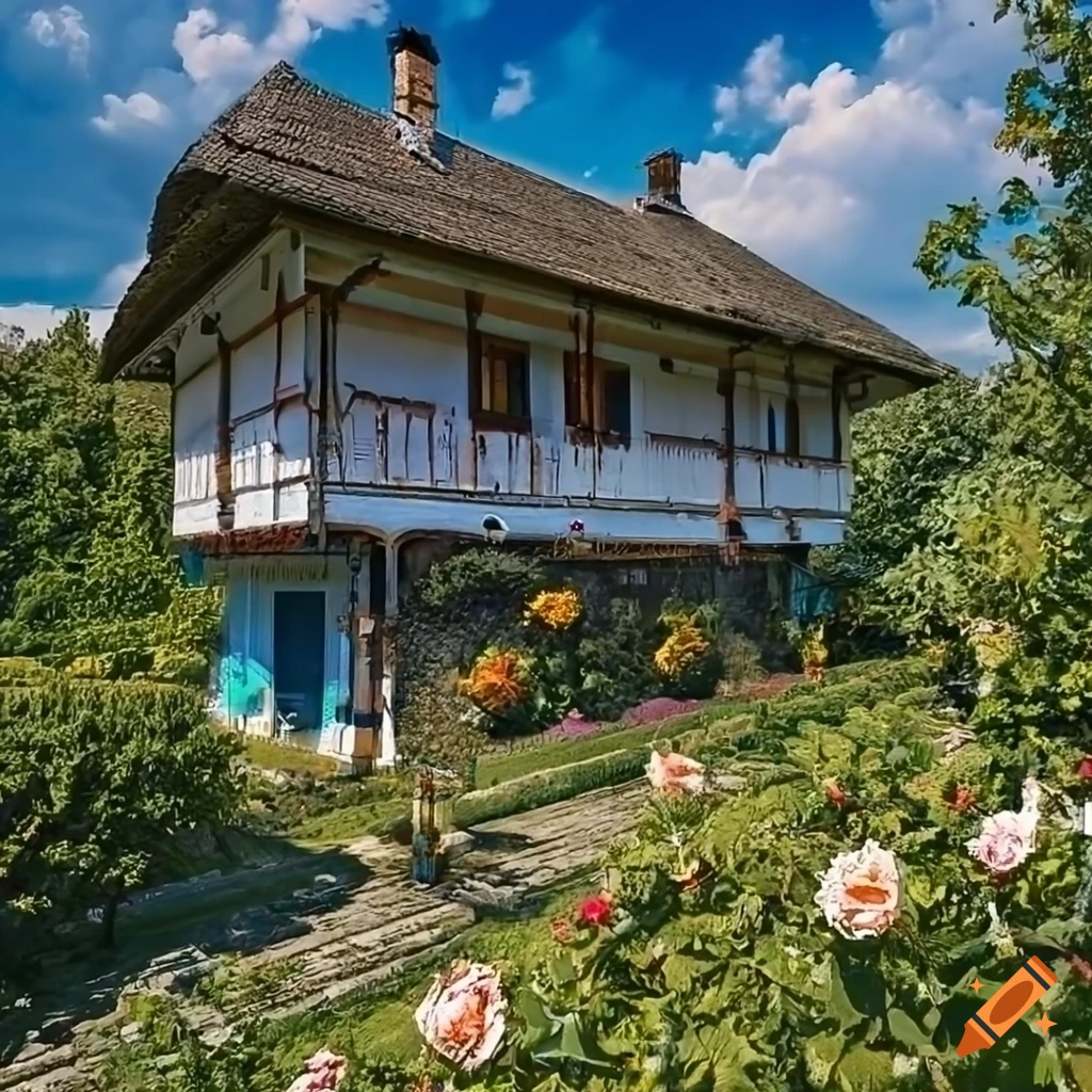 Intricate vibrant artwork of a Romanian house with a garden of roses in ...