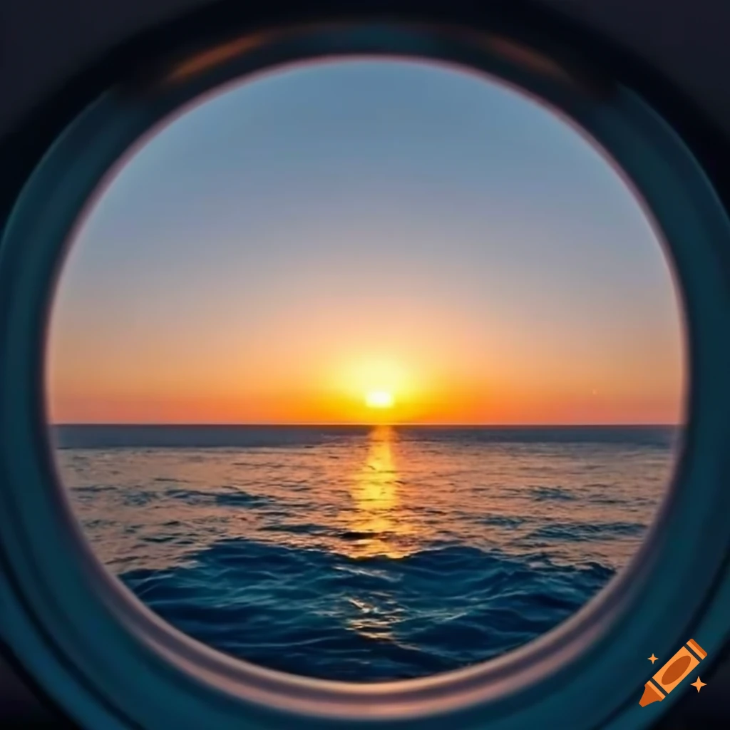 Sunset view through a round window of a cruise ship on Craiyon