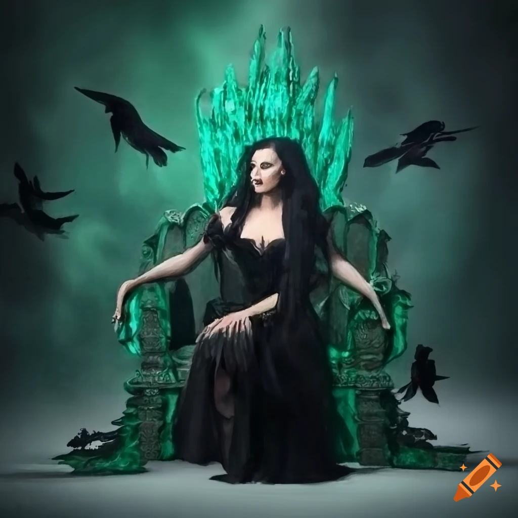 The Morrigan in a dark cave with crows on an emerald stone throne on ...