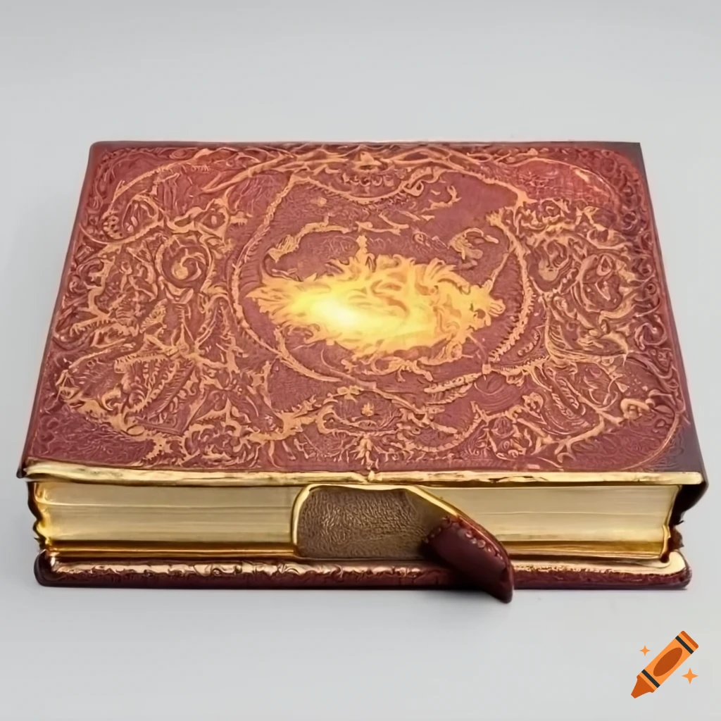 Ornate leather-bound book with gold typography and flame design on Craiyon