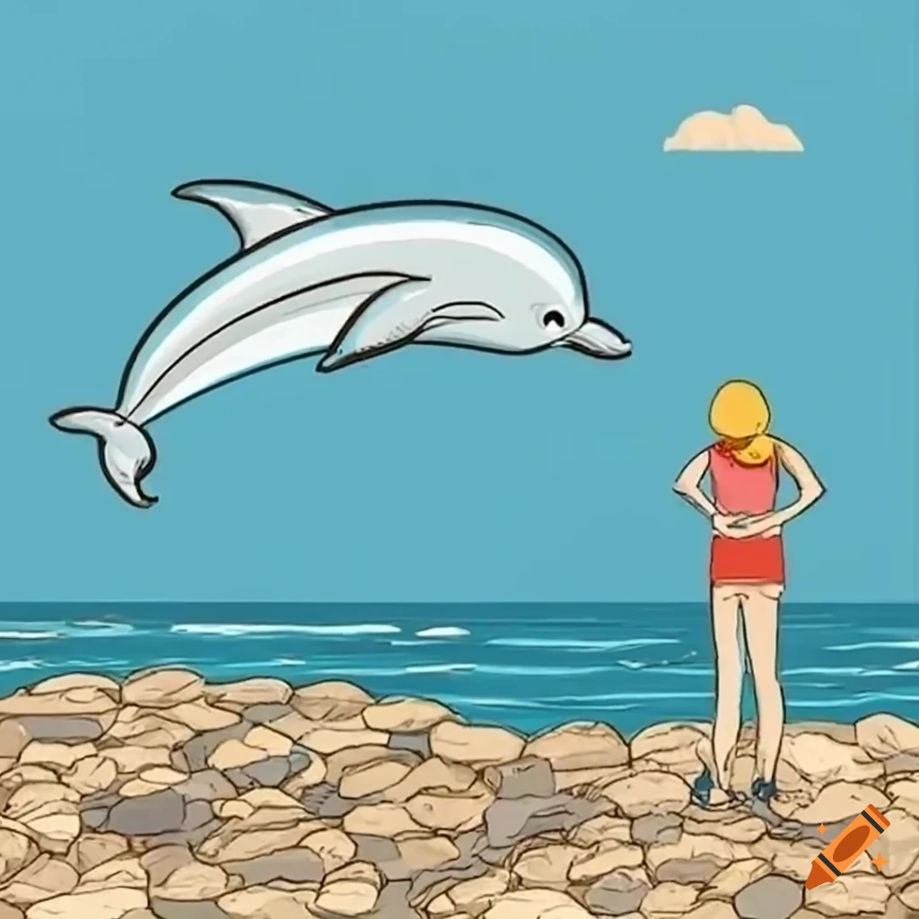 Girl hugging a dolphin on a rocky beach on Craiyon