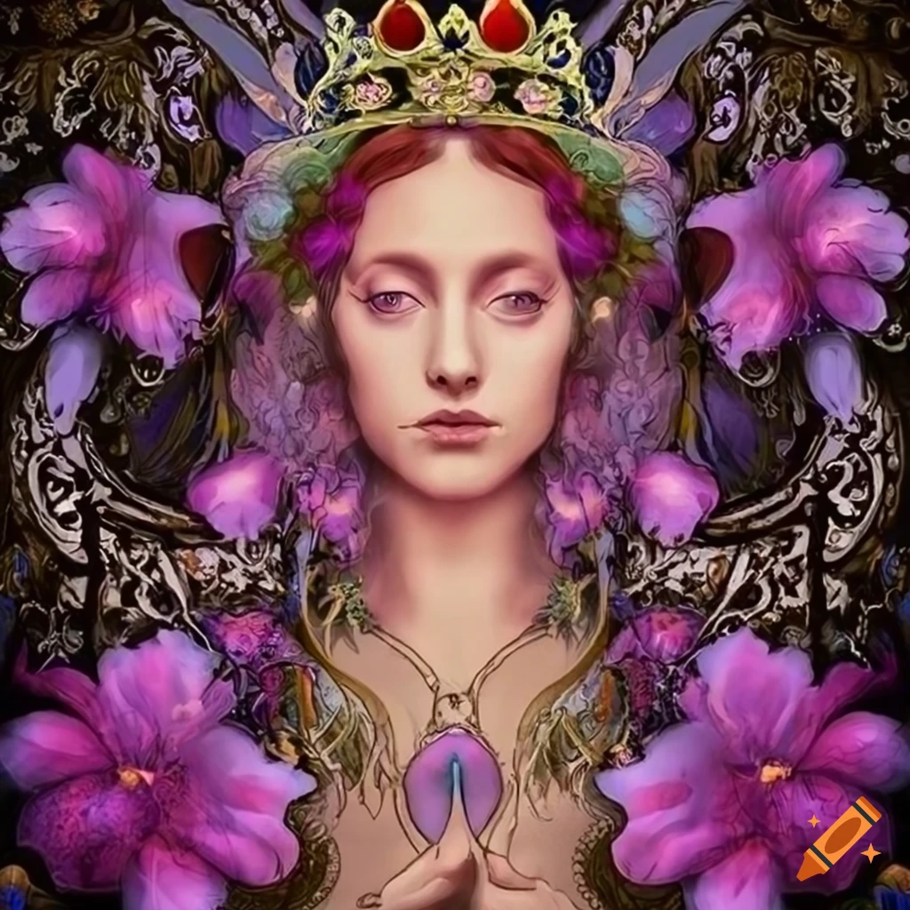 Art nouveau poster of ethereal fae queen made of flower petals with ...