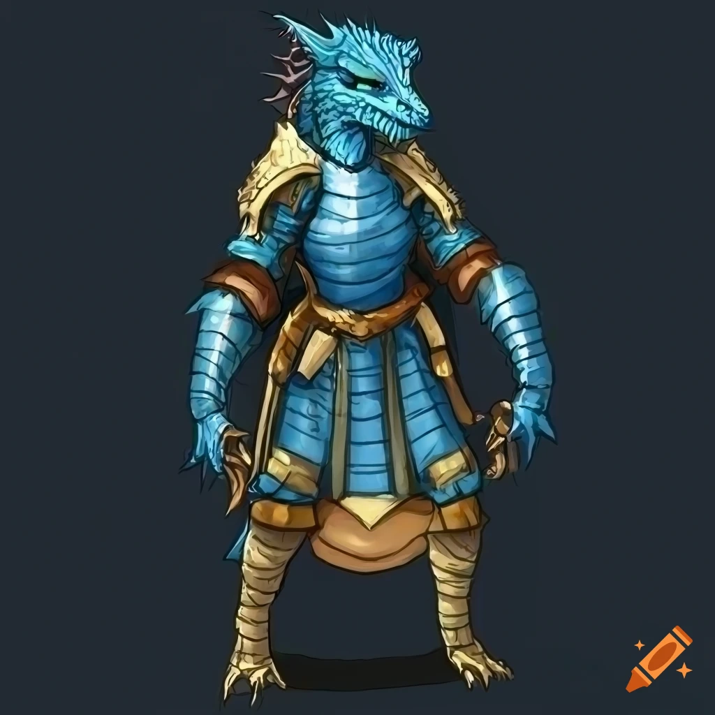 Blue-scaled female reptile dragonborn knight in traditional armor ...