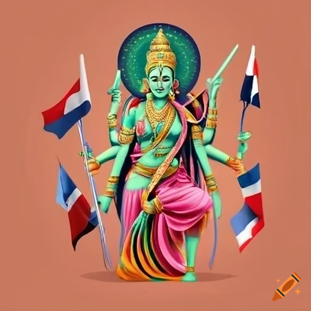 Multifaced alien Hindu goddess holding diverse country flags and ...