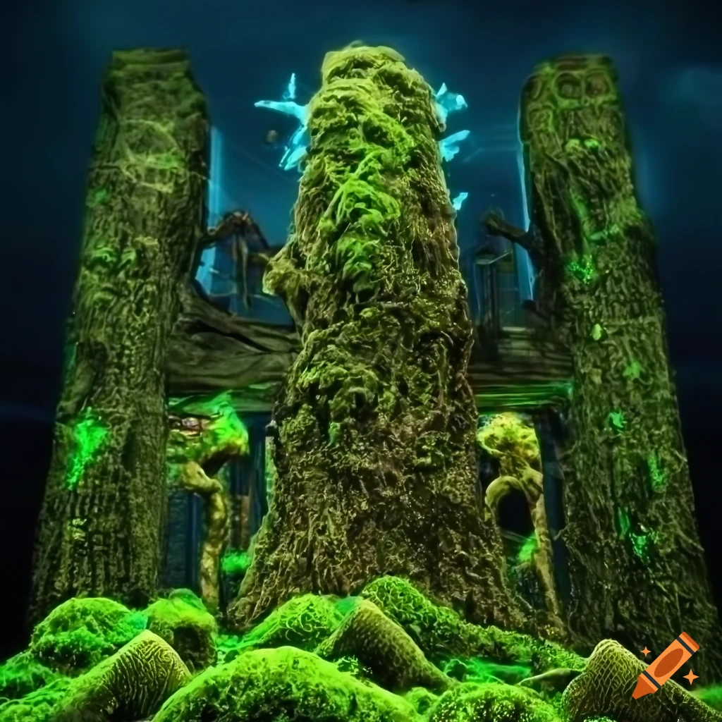 Glowing biopunk cityscape with green moss, plants, mushrooms, and ...
