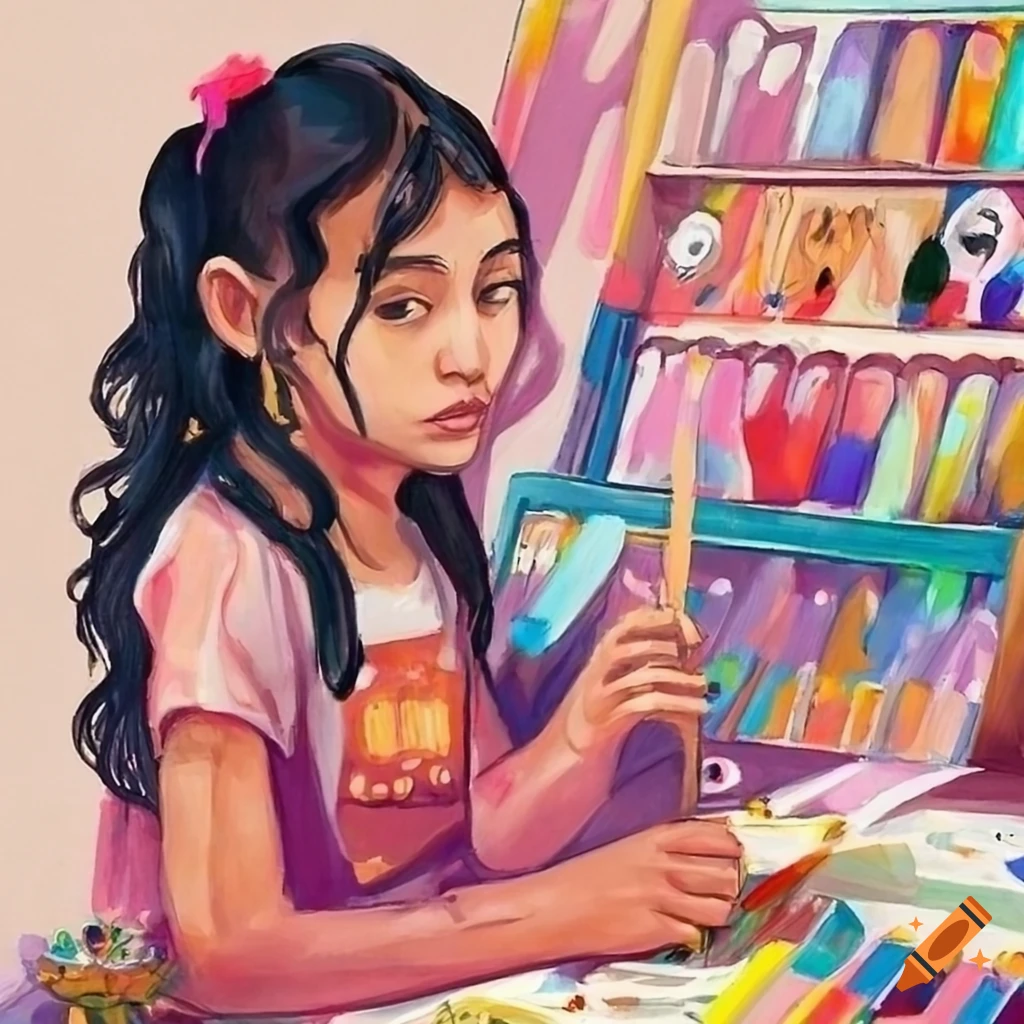 Isabella reyes surrounded by art supplies on Craiyon