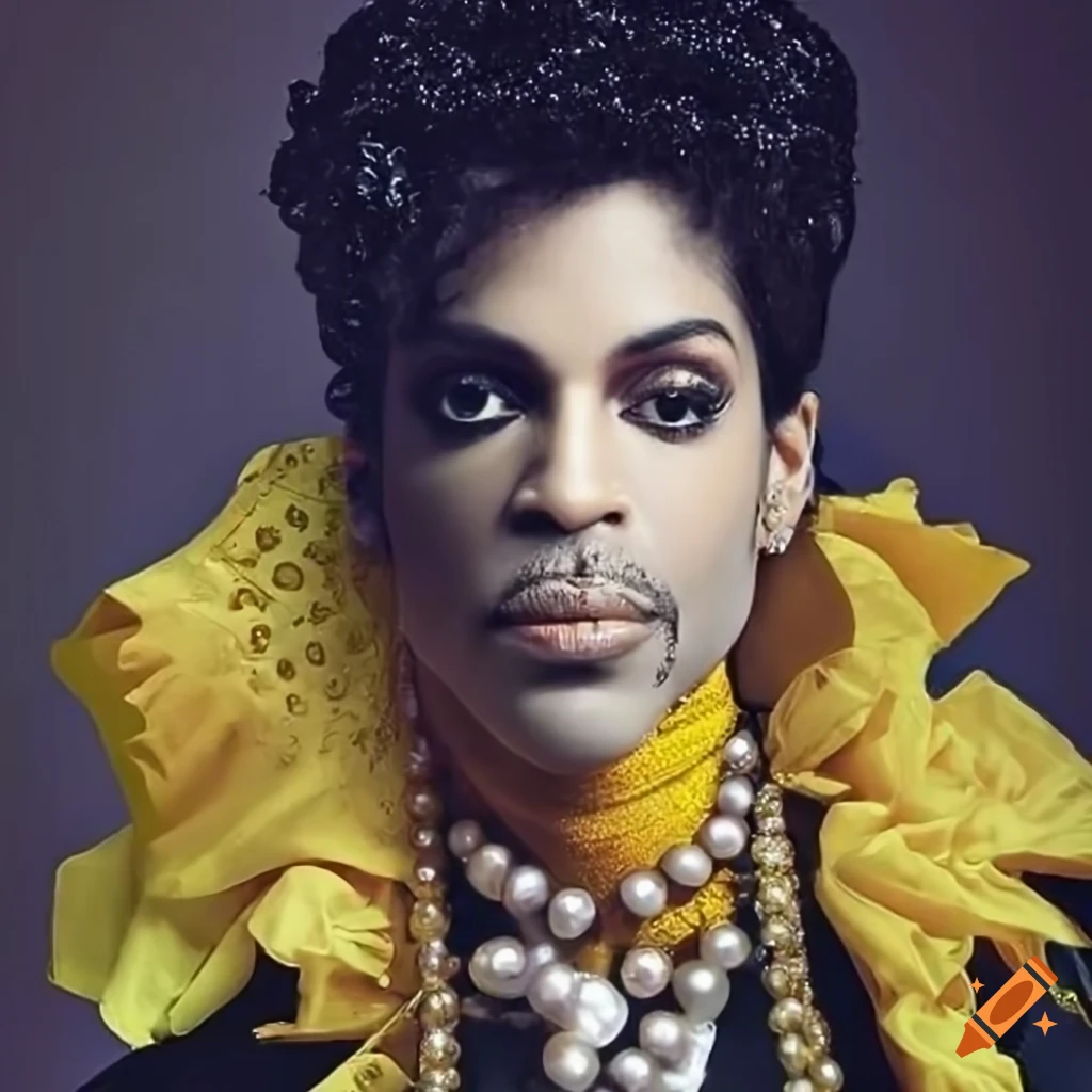 Singer prince in yellow and black outfit with pearl necklaces and ...