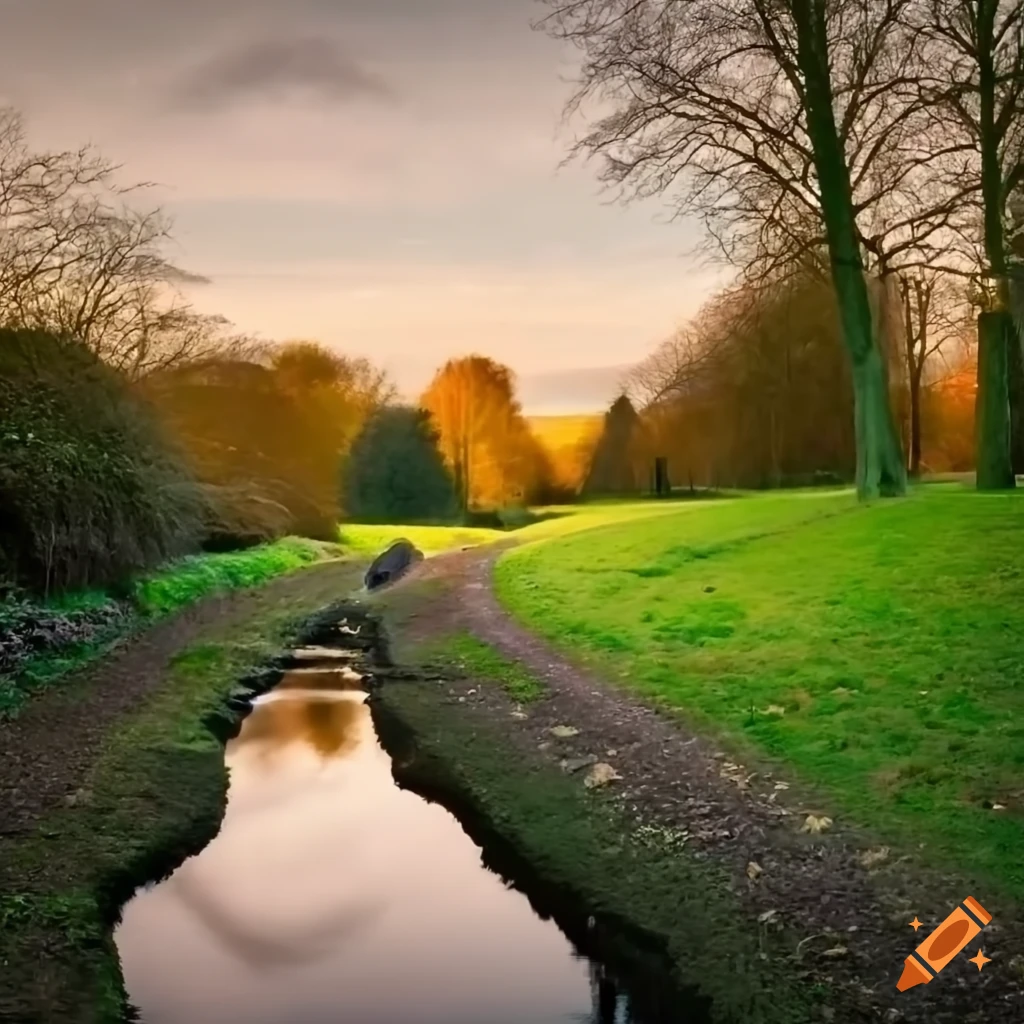 Knighton park gardens in Leicester, England with a stream at sunset on ...