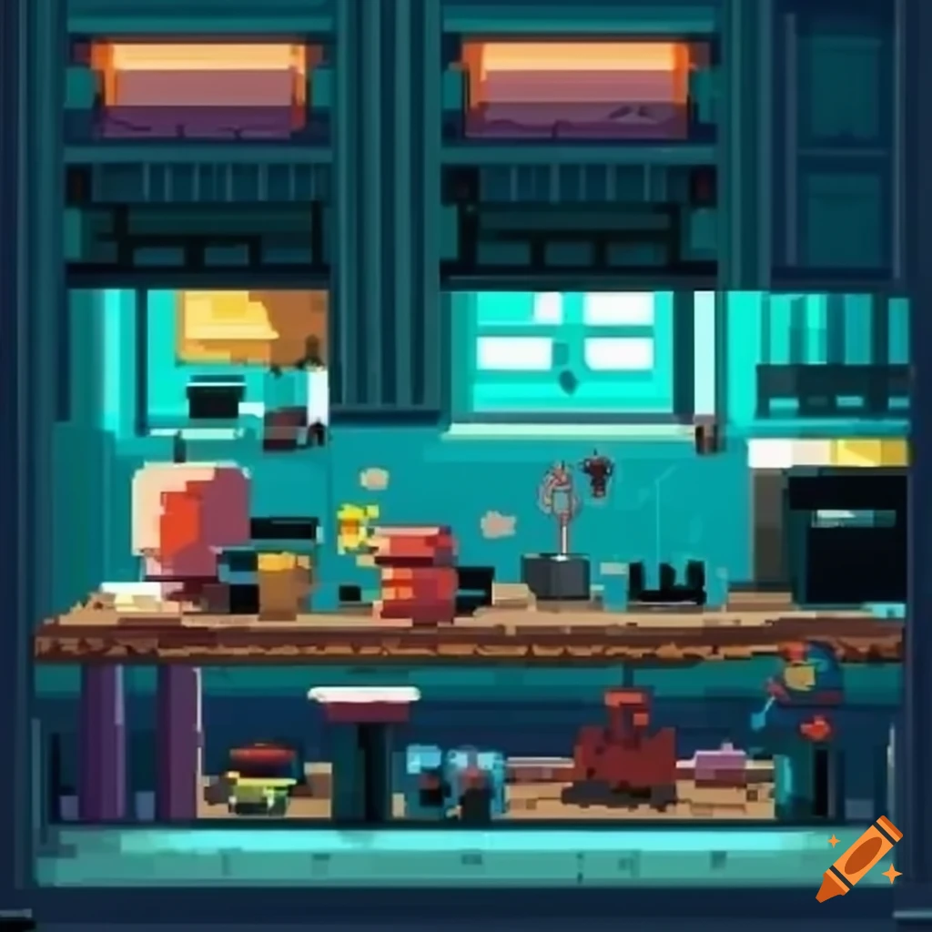 Pixel art inspired by games development kitchen on Craiyon