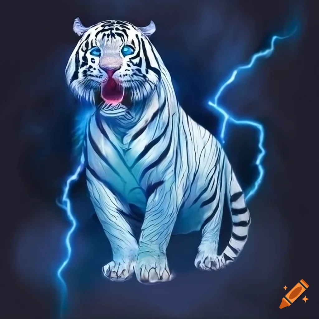 Mythical white tiger with blue lightning on Craiyon