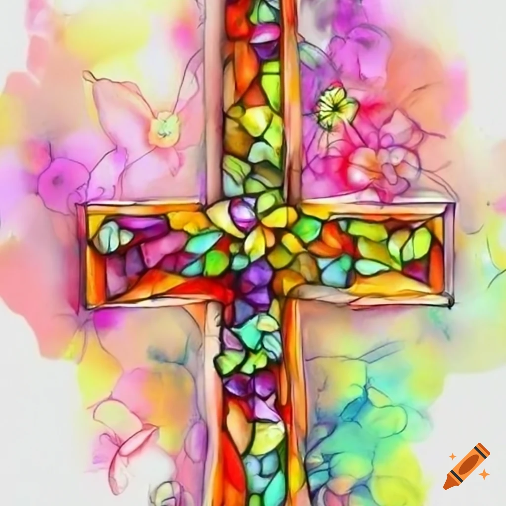 Colored pencil stained glass Easter cross with flowers on Craiyon