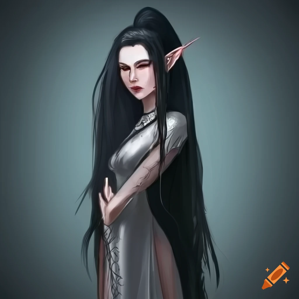 Elf woman in a silver dress with black hair in a ponytail on Craiyon