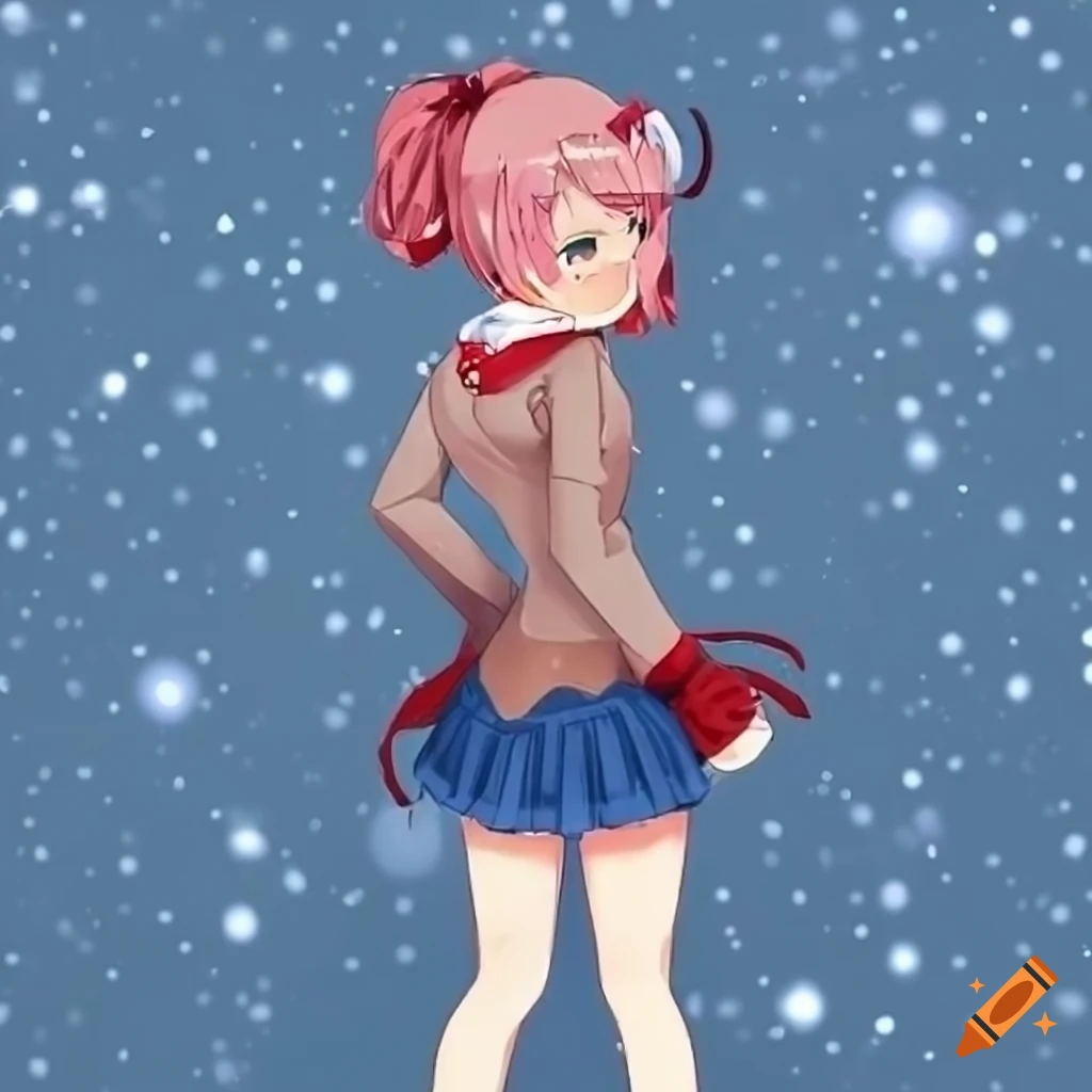DDLC Natsuki with pink pigtails in a snowy setting on Craiyon