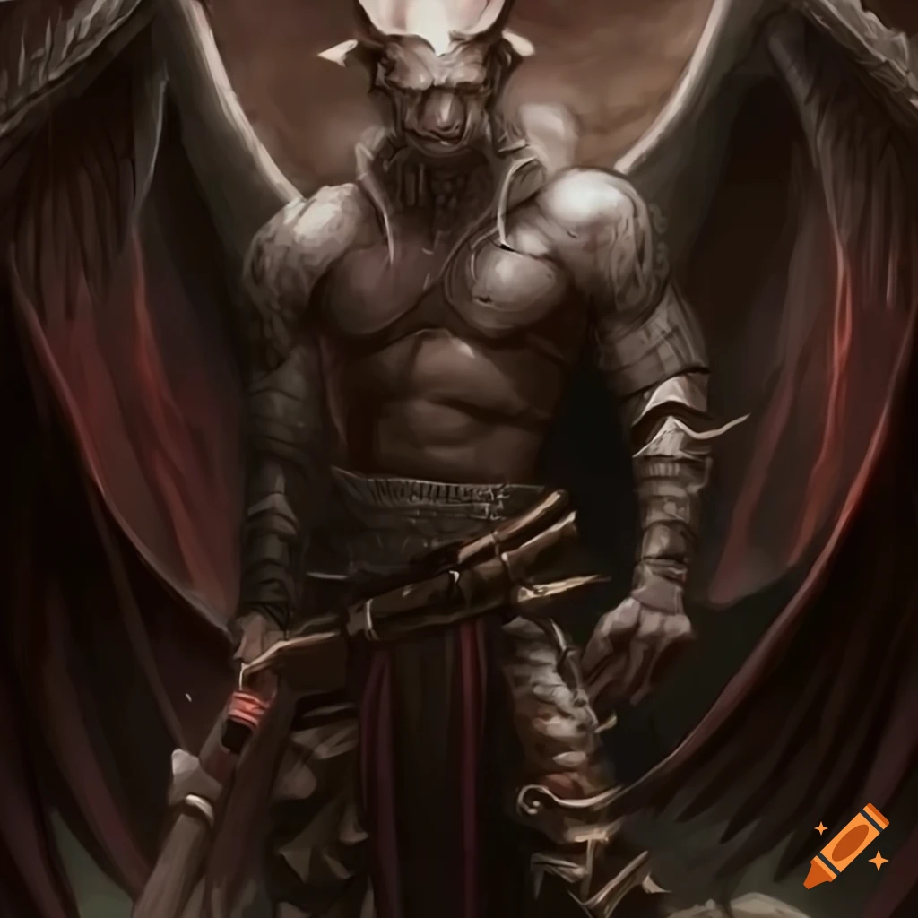 Young, tall, athletic, winged demon with black leather armor and sword ...