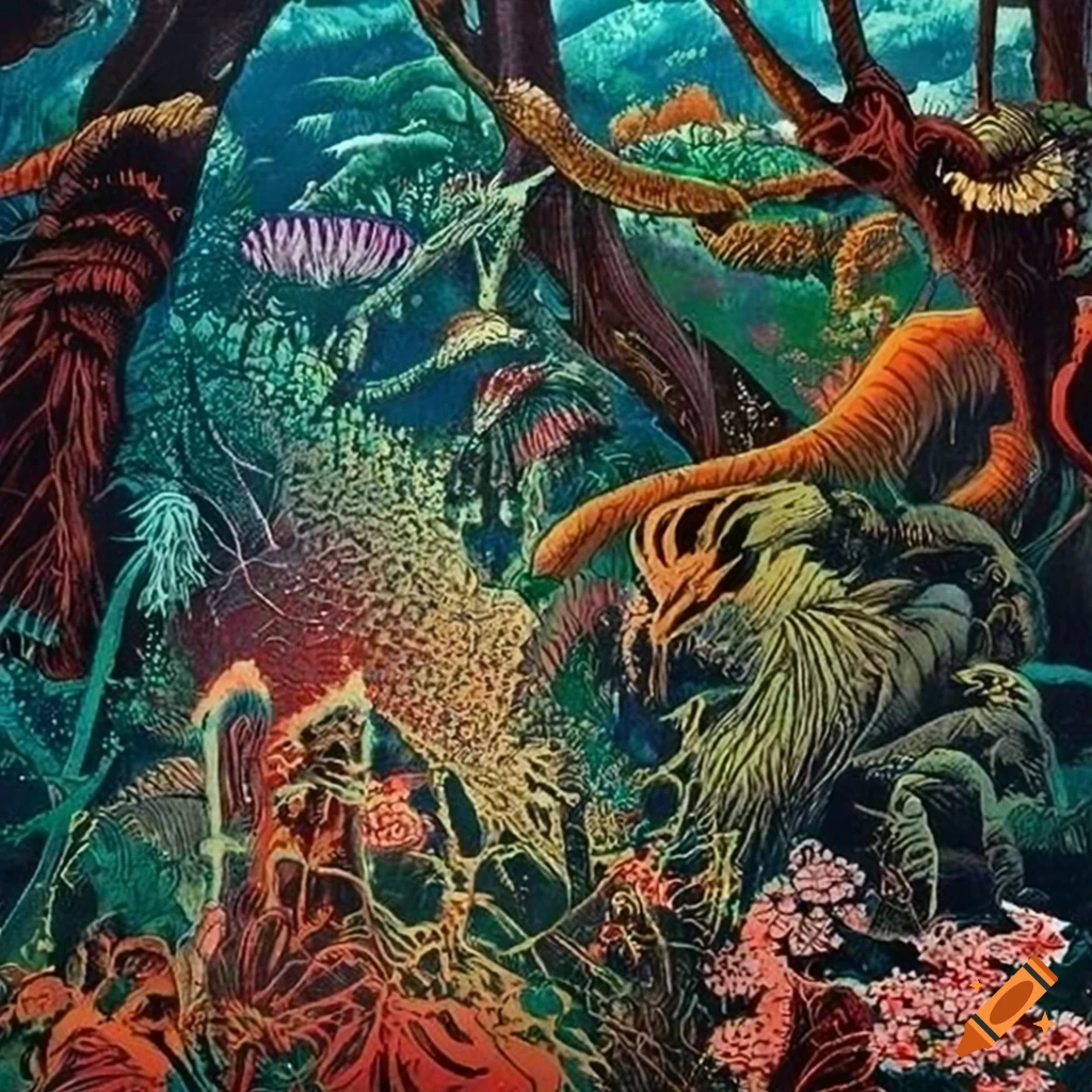 William Stout serigraph of dusk in The Garden of Eden with demons and ...