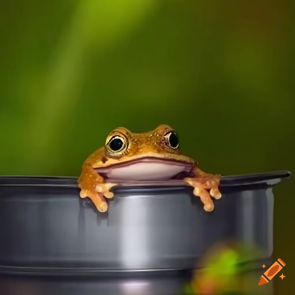 Cute frog in a pot of water with a concerned expression on Craiyon