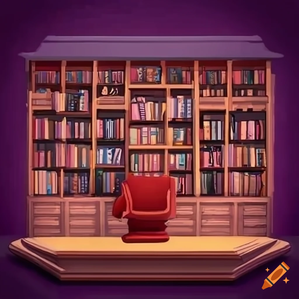 Cozy cartoon library with magic book on Craiyon