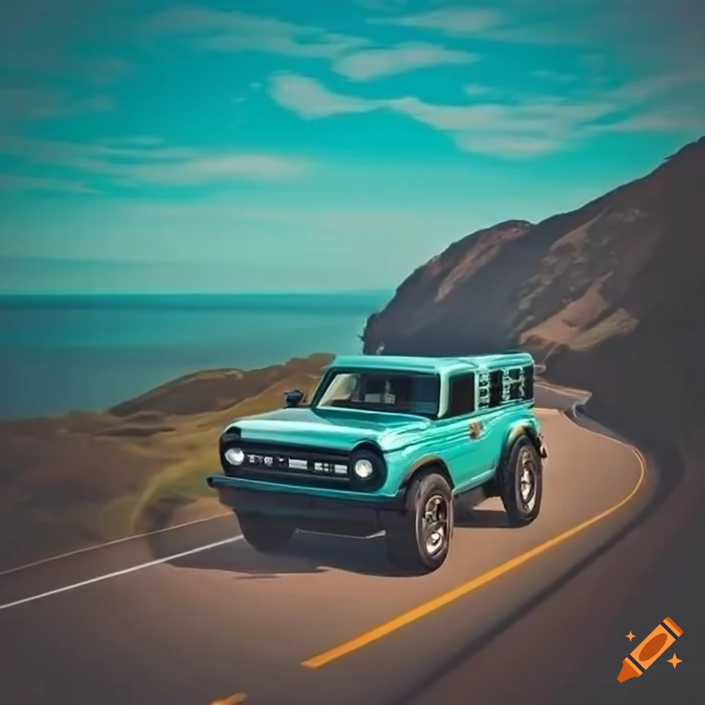 Teal Ford Bronco driving on a coastal road with scenic landscape view ...