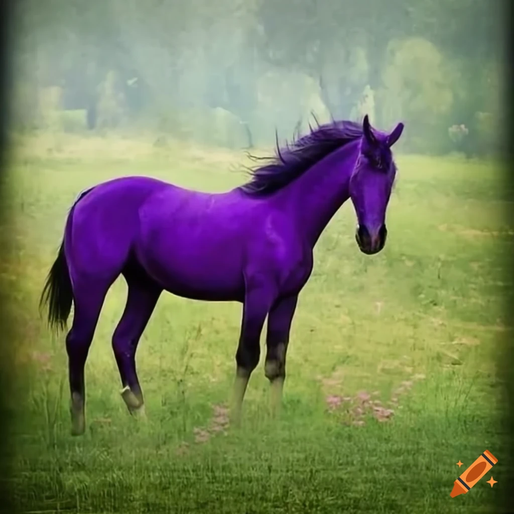 Mystical purple horse by a river in a beautiful meadow on Craiyon