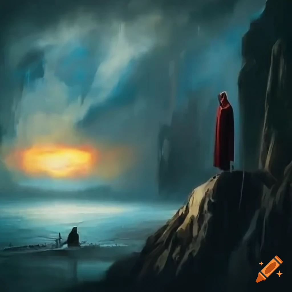 Gloomy painting of Jesus and an alien overlooking the world during a ...