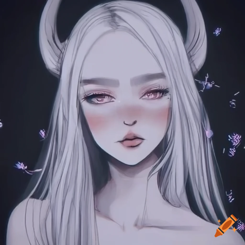 Anime-style line art close up of a woman with horns and flowers in a ...