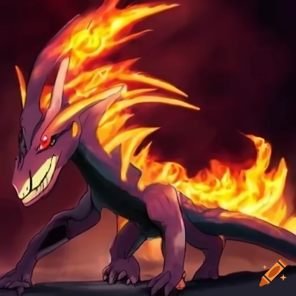 Fire-type dragon Pokemon with big claws and flaming head on Craiyon